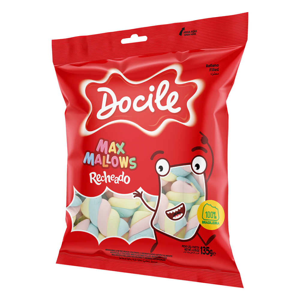 Marshmallow Baunilha Recheio Morango Twist Color Docile Maxmallows Pacote 135g - Sonda ...