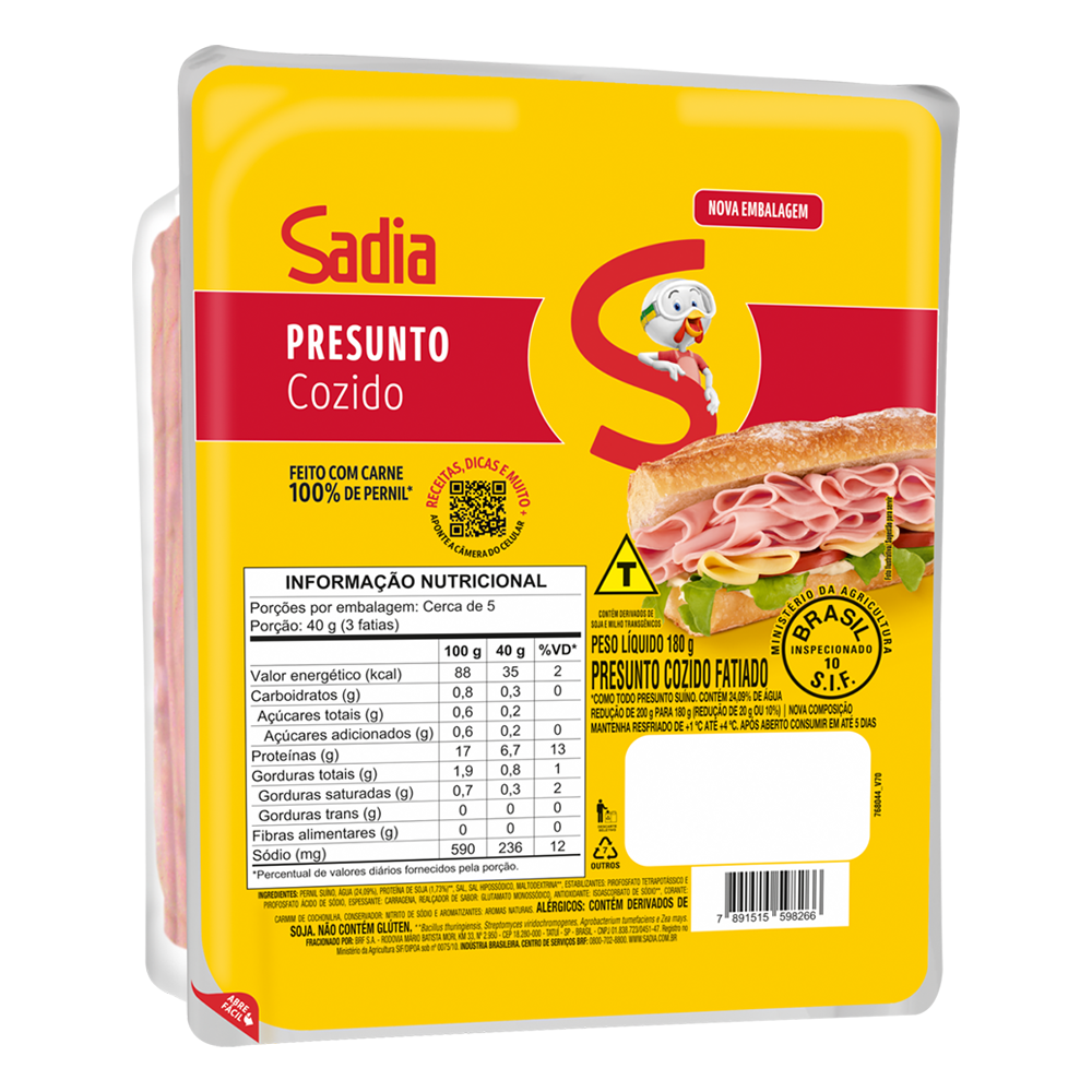 Presunto Cozido Fatiado Sadia 180g - Sonda Supermercado Delivery
