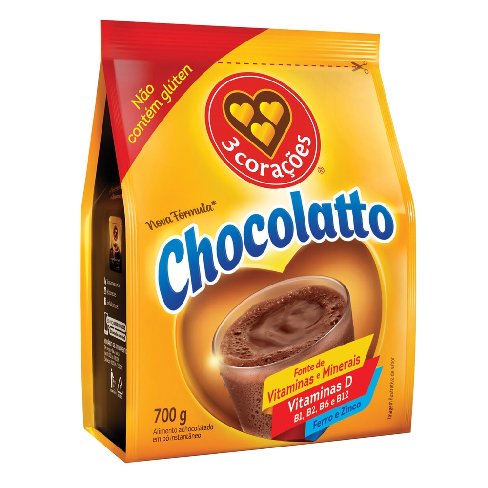 Achocolatado Pó 3 Corações Chocolatto Pacote 700g Embalagem Econômica ...
