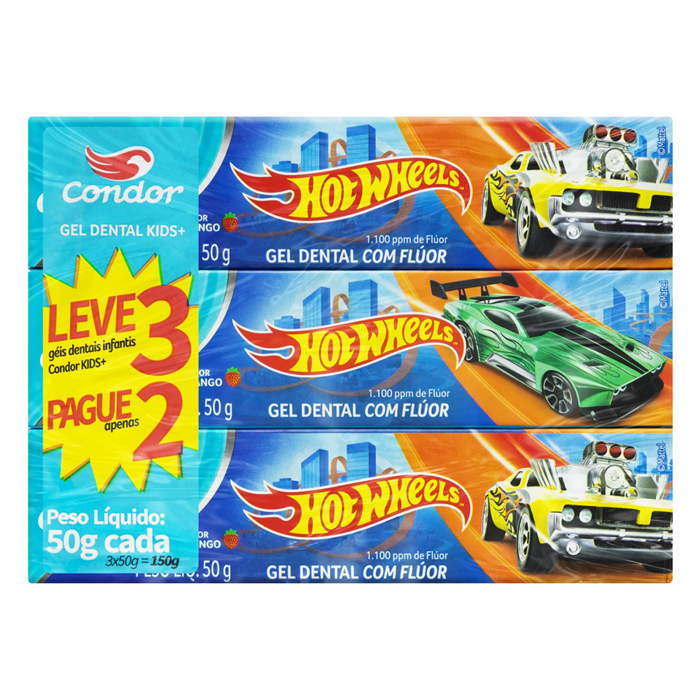 Pack Gel Dental Infantil com Flúor Morango Hot Wheels Condor Kids+ ...